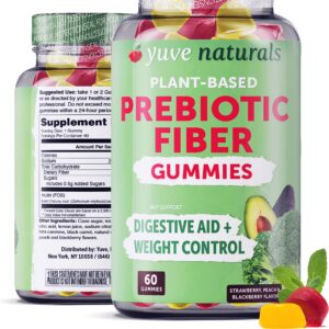 yuve prebiotic fiber gummies - delicious - 3g soluble fiber supplement - supports digestive health & regularity - vegan & gluten-free fiber gummies for adults & kids - non-gmo & low sugar - 60 count