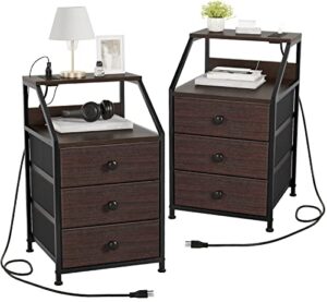 reahome nightstand set of 2, brown night stands with charging station, bedside tables with 3 fabric drawers and 2-tier storage shelves, modern side table for bedroom living room-rustic brown