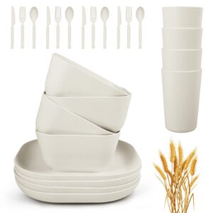 afcevnlb 24 piece wheat straw square dinnerware sets for 4, unbreakable dinner plates and bowls sets for camping party grill (white)