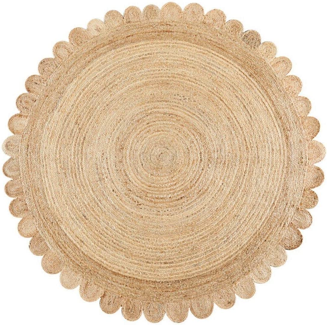 Arise Export Natural Round Jute Jute Area Rug, Floor Scalloped Edge Rug Braided Boho Eco Large Circular Handmade Area Rug, Natural (3x3 Ft Round Rug)