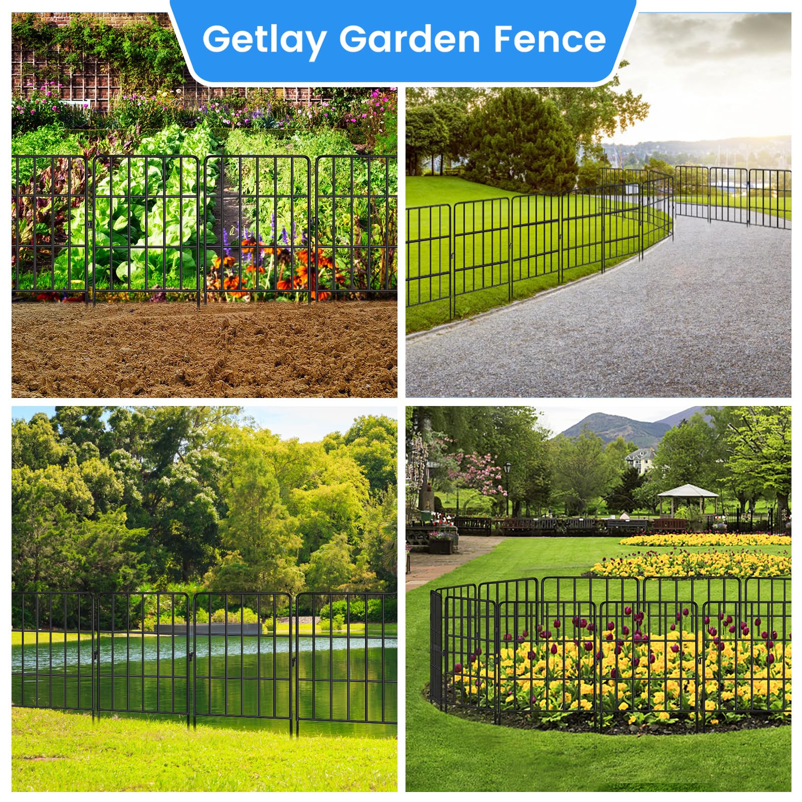 Getlay Decorative Garden Fence 24 pack, 24Ft (L) X 24In (H) Black Square Rustproof Metal Fence, Animal Barrier fence for Small dog, Outdoor Flower Bed Landscape Decor for Yard