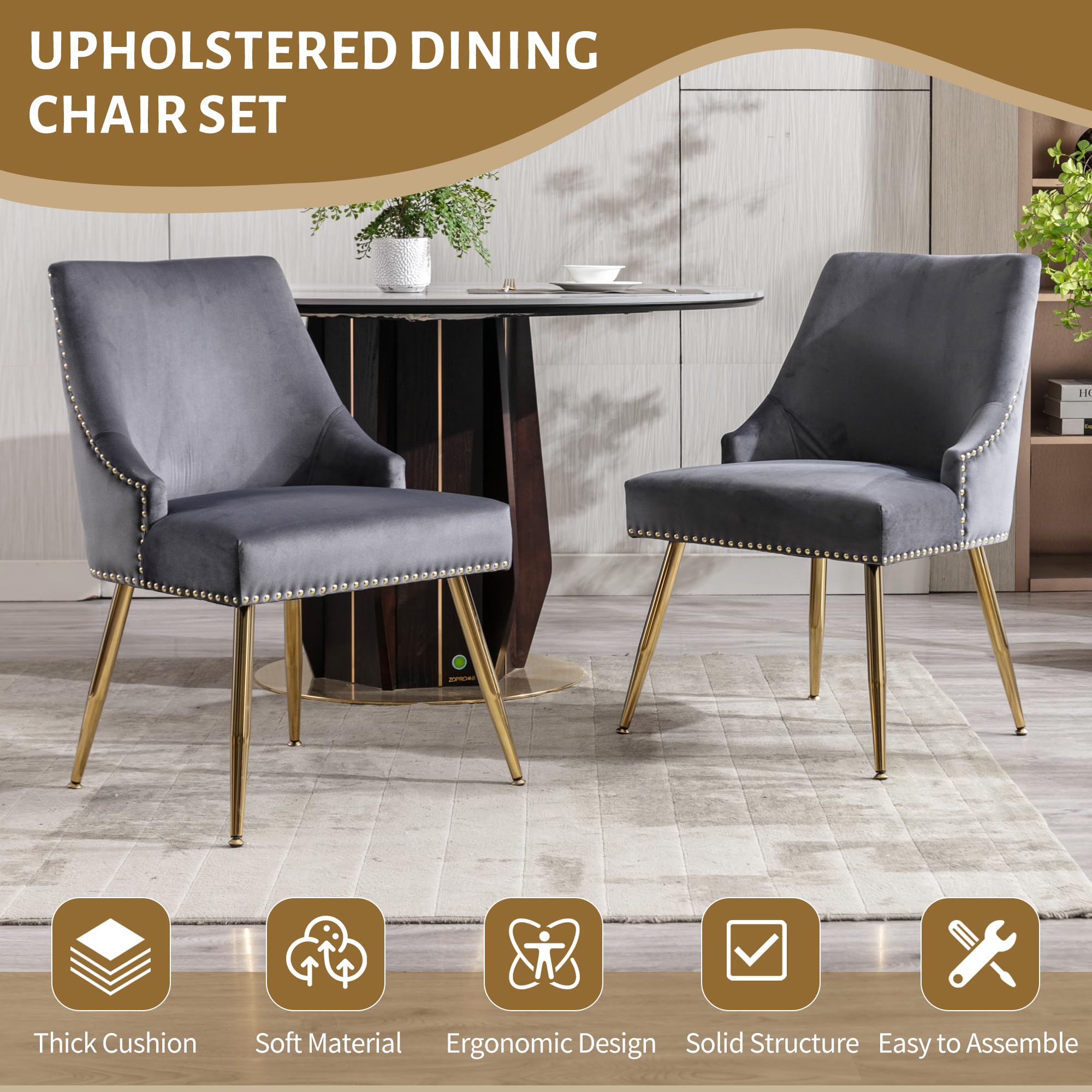 KCC Velvet Dining Room Chairs Set of 6 Nailhead Back Ring Pull Trim with Gold Legs for Kitchen Living room(Grey)