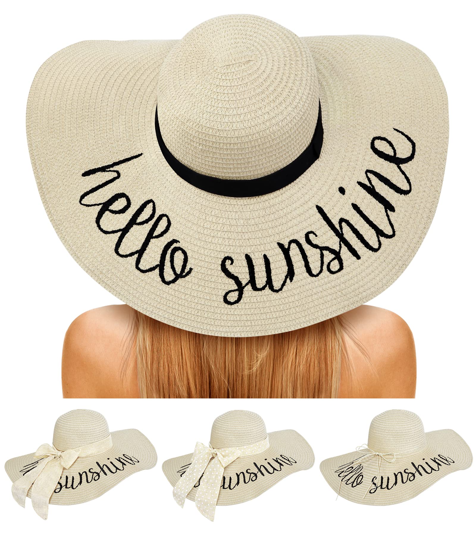 Beach Hats for Women - Foldable Straw Hat Embroidered Wide Brim Floppy Sun Hat UPF 50+, Honeymoon, Travel, Cruise White