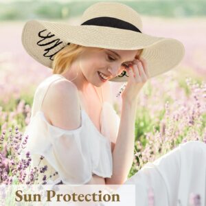 Beach Hats for Women - Foldable Straw Hat Embroidered Wide Brim Floppy Sun Hat UPF 50+, Honeymoon, Travel, Cruise White