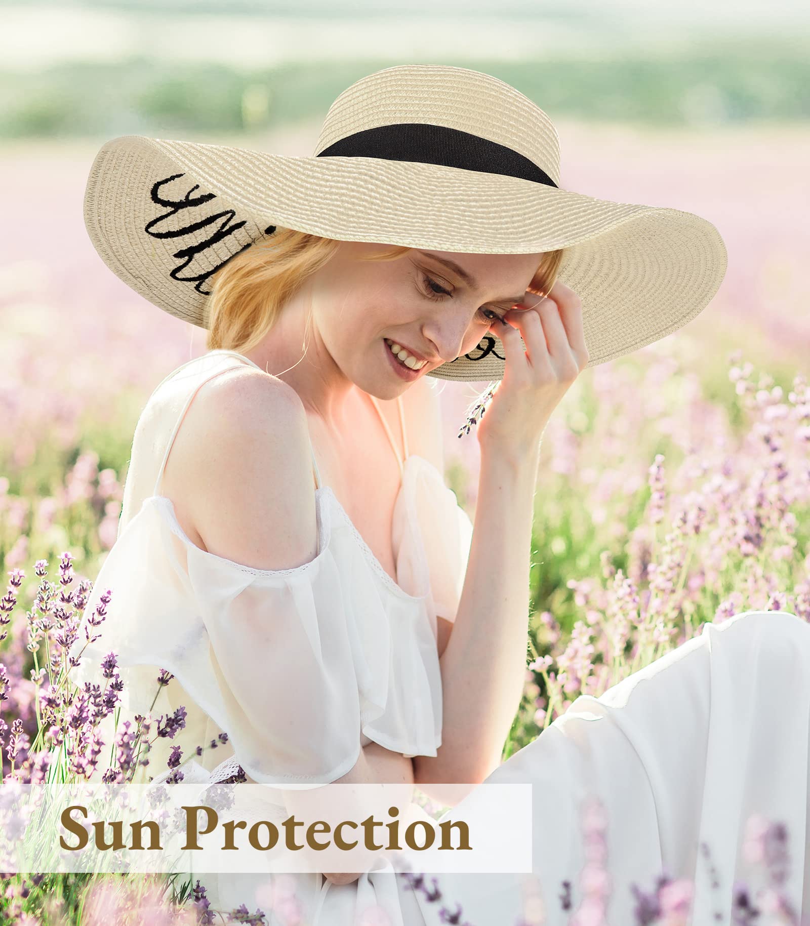 Beach Hats for Women - Foldable Straw Hat Embroidered Wide Brim Floppy Sun Hat UPF 50+, Honeymoon, Travel, Cruise White