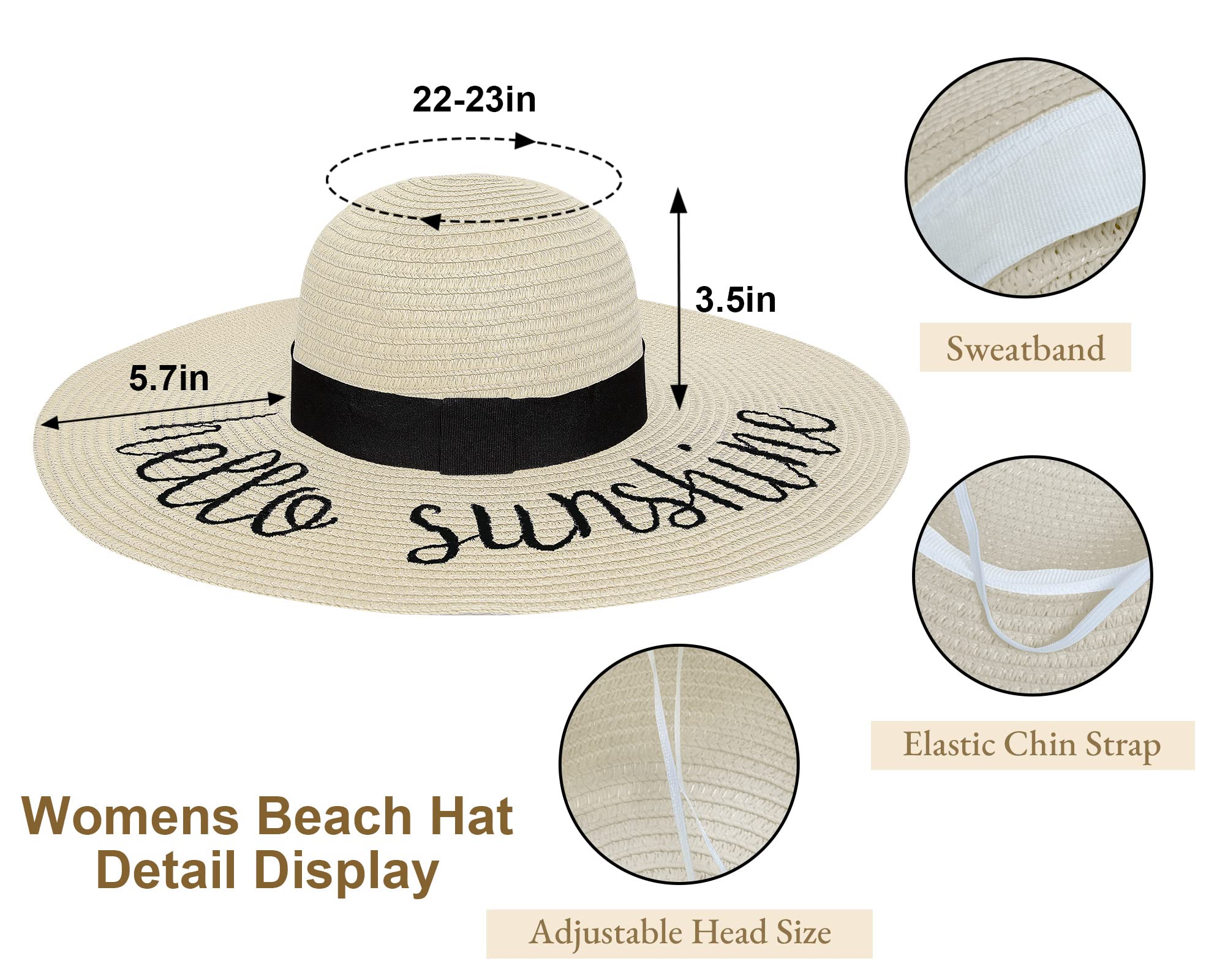 Beach Hats for Women - Foldable Straw Hat Embroidered Wide Brim Floppy Sun Hat UPF 50+, Honeymoon, Travel, Cruise White