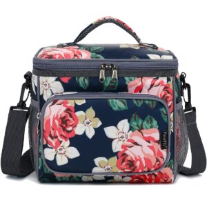 FlowFly Insulated Reusable Lunch Bag Adult Large Lunch Box for Women and Men with Adjustable Shoulder Strap,Front Zipper Pocket and Dual Large Mesh Side Pockets,Peony