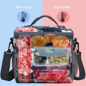 FlowFly Insulated Reusable Lunch Bag Adult Large Lunch Box for Women and Men with Adjustable Shoulder Strap,Front Zipper Pocket and Dual Large Mesh Side Pockets,Peony