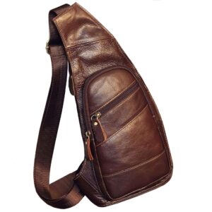 kpywzer genuine leather sling backpack for men women crossbody shoulder chest bag day pack outdoor travel camping tactical daypack brown