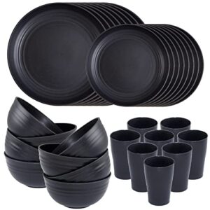 supernal wheat straw dinnerware sets,unbreakable dinner plates for 8,microwave dishwasher safe,reusable dinnerware,black set 16pcs plates, 8pcs bowls, 8pcs cups.