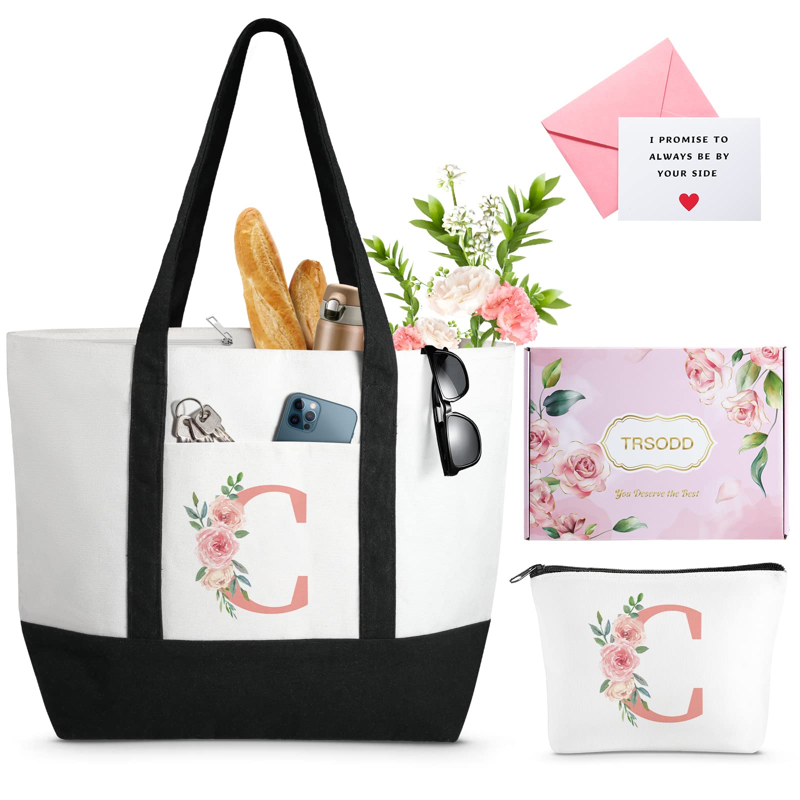 Personalized Customized Friend Birthday Gifts, Floral Ini-tial Large Tote Bag for Women, Can-vas Beach Bag w Makeup Bag, Bridesmaid Grandma Mother Gifts w Inner Pocket, Top Zi-pper, Gift Box, Card C