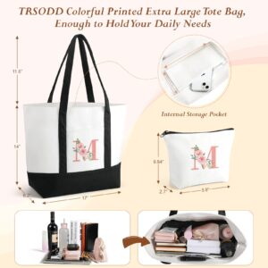 Personalized Customized Friend Birthday Gifts, Floral Ini-tial Large Tote Bag for Women, Can-vas Beach Bag w Makeup Bag, Bridesmaid Grandma Mother Gifts w Inner Pocket, Top Zi-pper, Gift Box, Card C