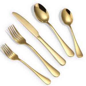 briout gold silverware set, 20 piece golden cutlery set service for 4, stainless steel flatware set include spoons forks knives tableware utensil set for kitchen home restaurant, shiny gold polished