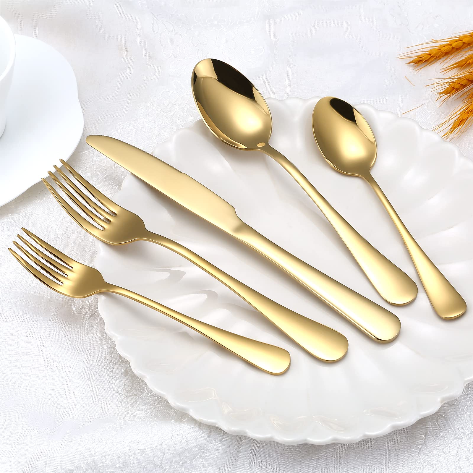 Briout Gold Silverware Set, 20 Piece Golden Cutlery Set Service for 4, Stainless Steel Flatware Set Include Spoons Forks Knives Tableware Utensil Set for Kitchen Home Restaurant, Shiny Gold Polished