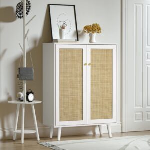 anmytek rattan cabinet, 44" h tall sideboard storage cabinet with crafted rattan front, entryway shoe cabinet wood 2 door accent cabinet with adjustable shelves white, h0086