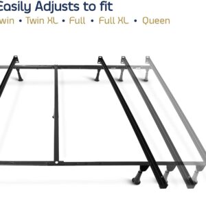 Hearth & Harbor Adjustable Bed Rails - Metal Adjustable Bed Frame with Bed Center Support Leg - 5.25” H Low Bed Frame - Expands from Twin Size Bed Frame to Full Bed Frame, Metal Queen Bed Frame, Black