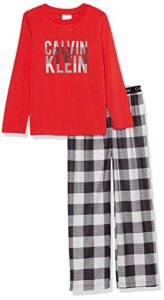 calvin klein boys' long sleeve tee jogger pajama set, black buffalo plaid