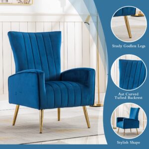 LSSPAID Velvet Accent Chairs set of 1, Fabric Upholstered Accent Chair for Living Room, Wing Back Mid Century Modern Arm Chair, Metal Legs Living Room Chairs, Navy