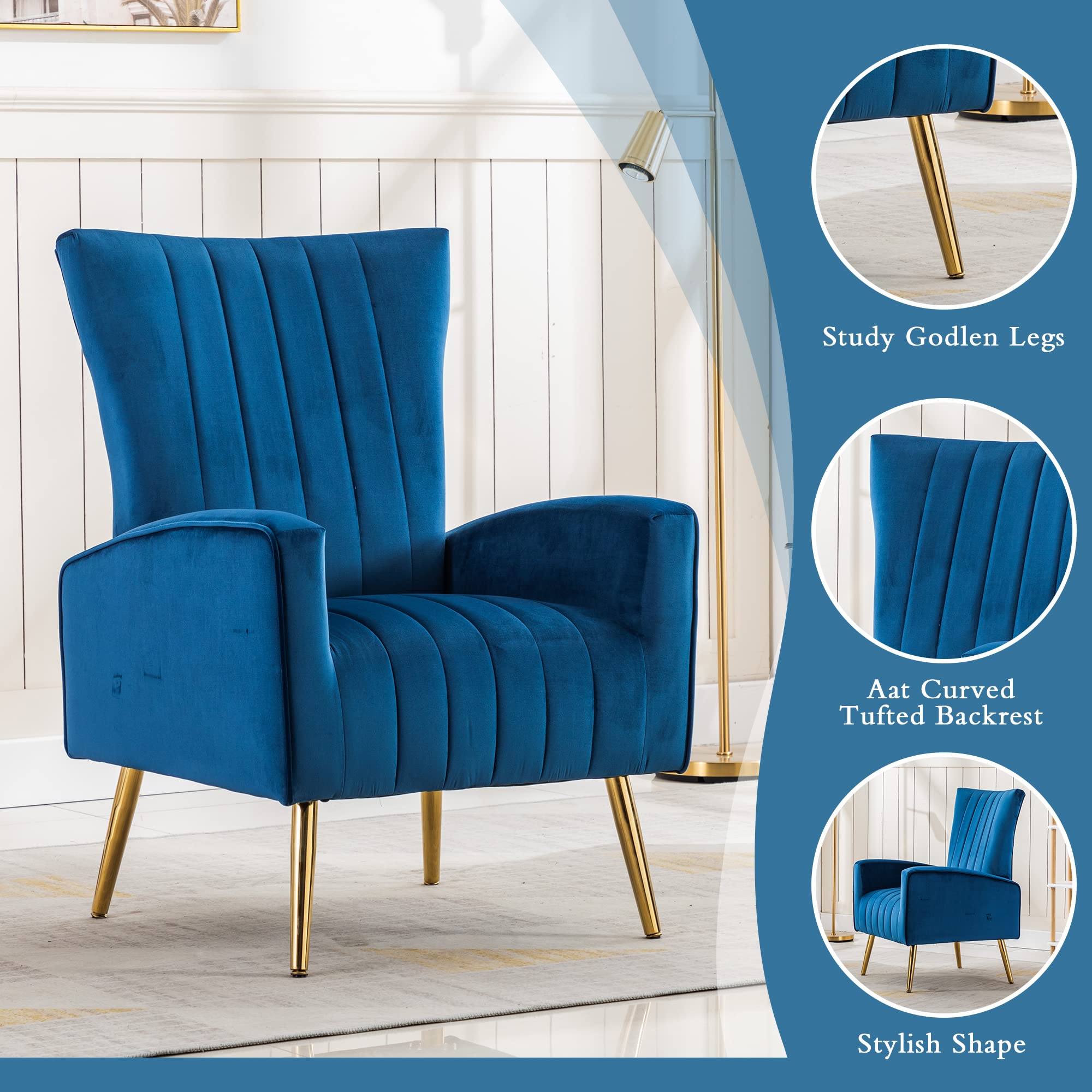 LSSPAID Velvet Accent Chairs set of 1, Fabric Upholstered Accent Chair for Living Room, Wing Back Mid Century Modern Arm Chair, Metal Legs Living Room Chairs, Navy