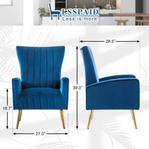 LSSPAID Velvet Accent Chairs set of 1, Fabric Upholstered Accent Chair for Living Room, Wing Back Mid Century Modern Arm Chair, Metal Legs Living Room Chairs, Navy