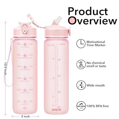 Hyeta 32oz Water Bottles with Straw - Stay Motivated and Hydrated with Convenient Times to Drink Markings, Durable, Leak-proof and BPA-free