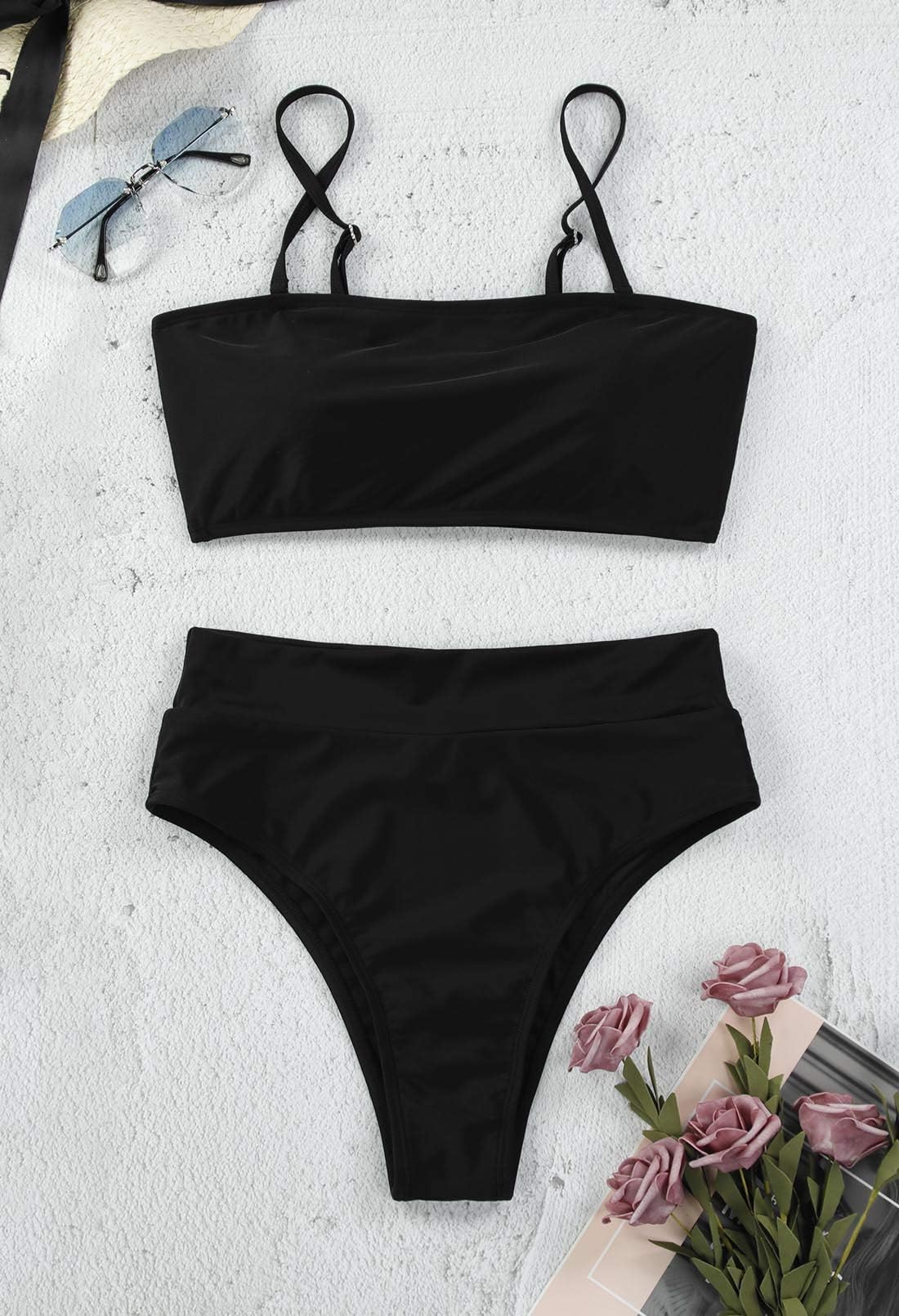 Pink Queen Plus Size 2 Piece Bikini Set for Women Strapless Sexy Cheeky High Waisted Swimsuit Bathing Suit Black 2XL