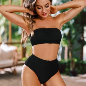 Pink Queen Plus Size 2 Piece Bikini Set for Women Strapless Sexy Cheeky High Waisted Swimsuit Bathing Suit Black 2XL