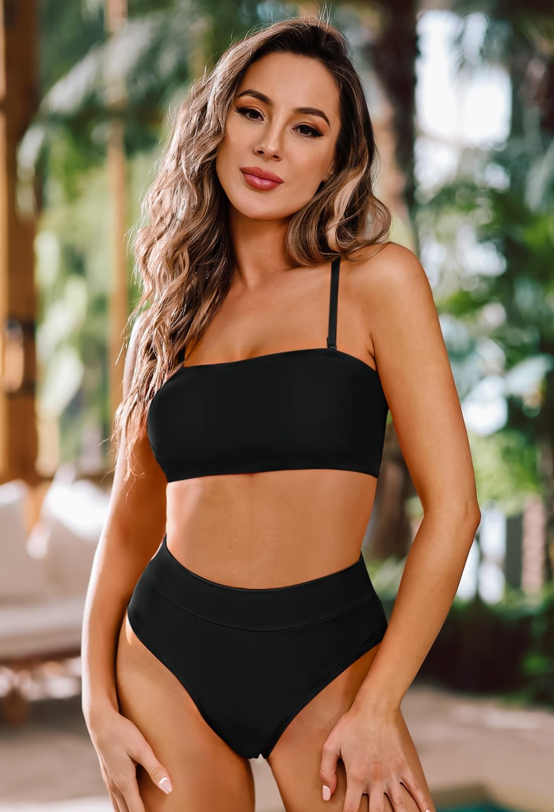 Pink Queen Plus Size 2 Piece Bikini Set for Women Strapless Sexy Cheeky High Waisted Swimsuit Bathing Suit Black 2XL