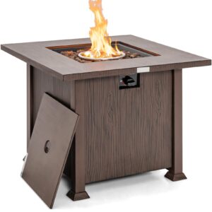 happygrill 32” propane fire pit table, 50,000 btu outdoor propane gas fire table with wood-like tabletop, lid and lava rocks, square auto-ignition propane firepit with pvc cover