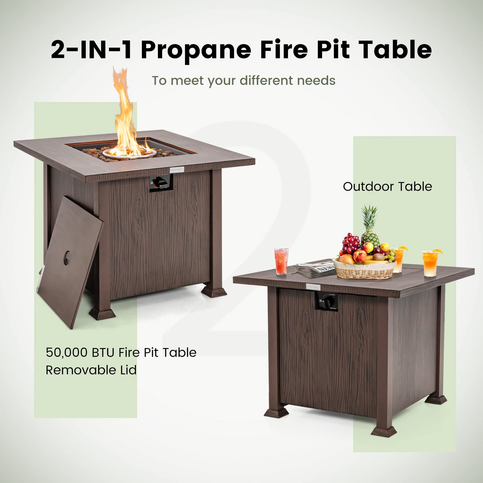 HAPPYGRILL 32” Propane Fire Pit Table, 50,000 BTU Outdoor Propane Gas Fire Table with Wood-like Tabletop, Lid and Lava Rocks, Square Auto-ignition Propane Firepit with PVC Cover