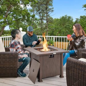 HAPPYGRILL 32” Propane Fire Pit Table, 50,000 BTU Outdoor Propane Gas Fire Table with Wood-like Tabletop, Lid and Lava Rocks, Square Auto-ignition Propane Firepit with PVC Cover