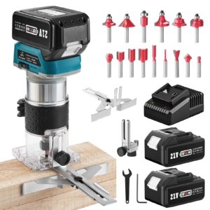 avhrit cordless compact router, wood router tool with 2pcs 4.0ah batteries, 21v brushless portable handheld palm routers for woodworking, wood trimmer cutting with 15 pieces 1/4" router bits set