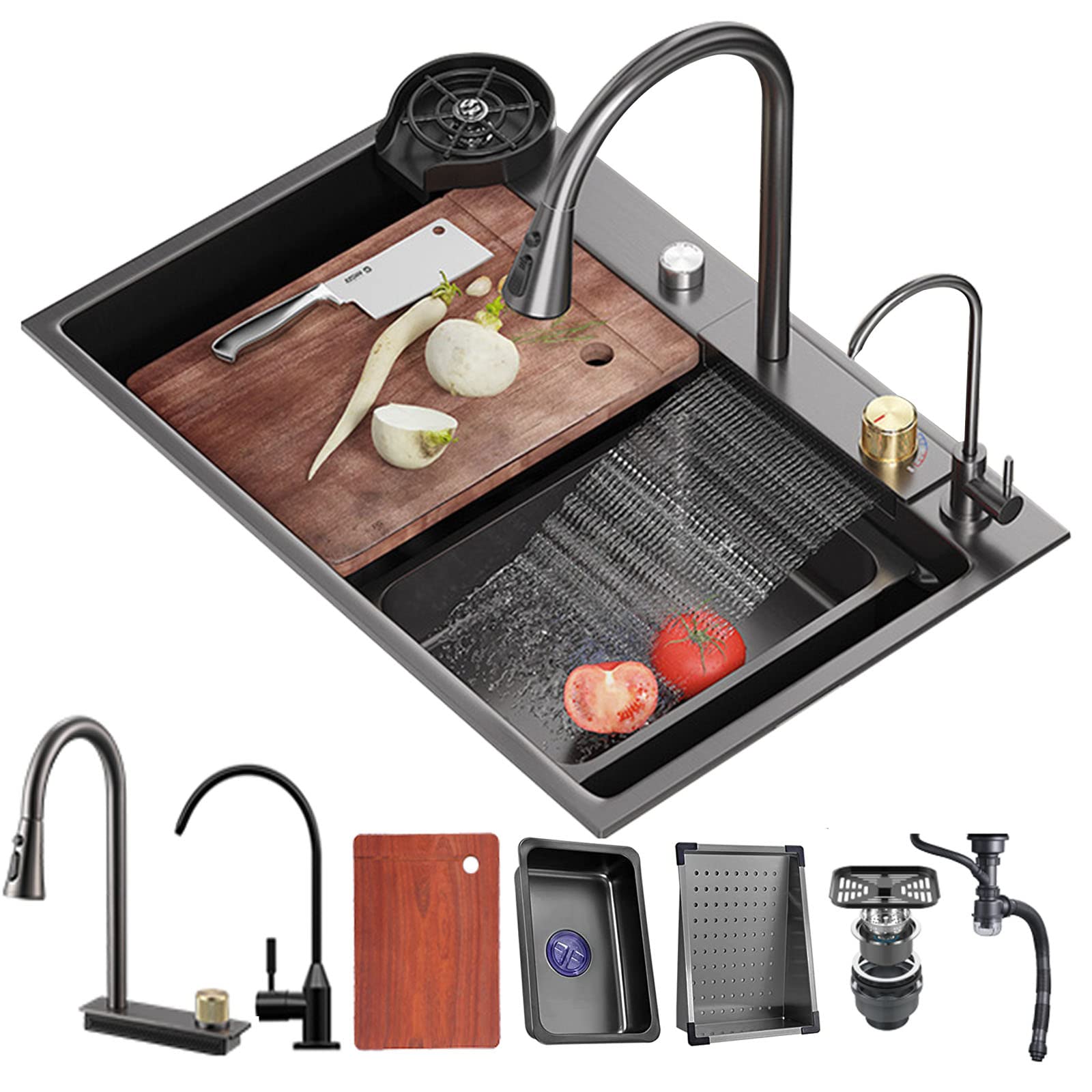 Kitchen Sink Flying rain Waterfall Stainless Steel Undermount Kitchen Sink Drop In Kitchen Sink Single Bowl, With Pull-Out Faucet, Pressurized Cup Washer