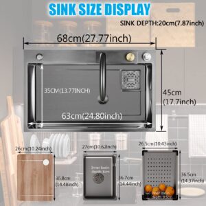 Kitchen Sink Flying rain Waterfall Stainless Steel Undermount Kitchen Sink Drop In Kitchen Sink Single Bowl, With Pull-Out Faucet, Pressurized Cup Washer