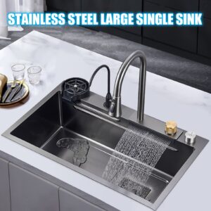 Kitchen Sink Flying rain Waterfall Stainless Steel Undermount Kitchen Sink Drop In Kitchen Sink Single Bowl, With Pull-Out Faucet, Pressurized Cup Washer