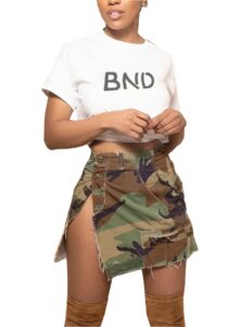 letsvdo women's army fatigue cargo skirts short green y2k military high waist split bodycon elastic dresses 2023