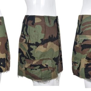 LETSVDO Women's Army Fatigue Cargo Skirts Short Green Y2K Military High Waist Split Bodycon Elastic Dresses 2023