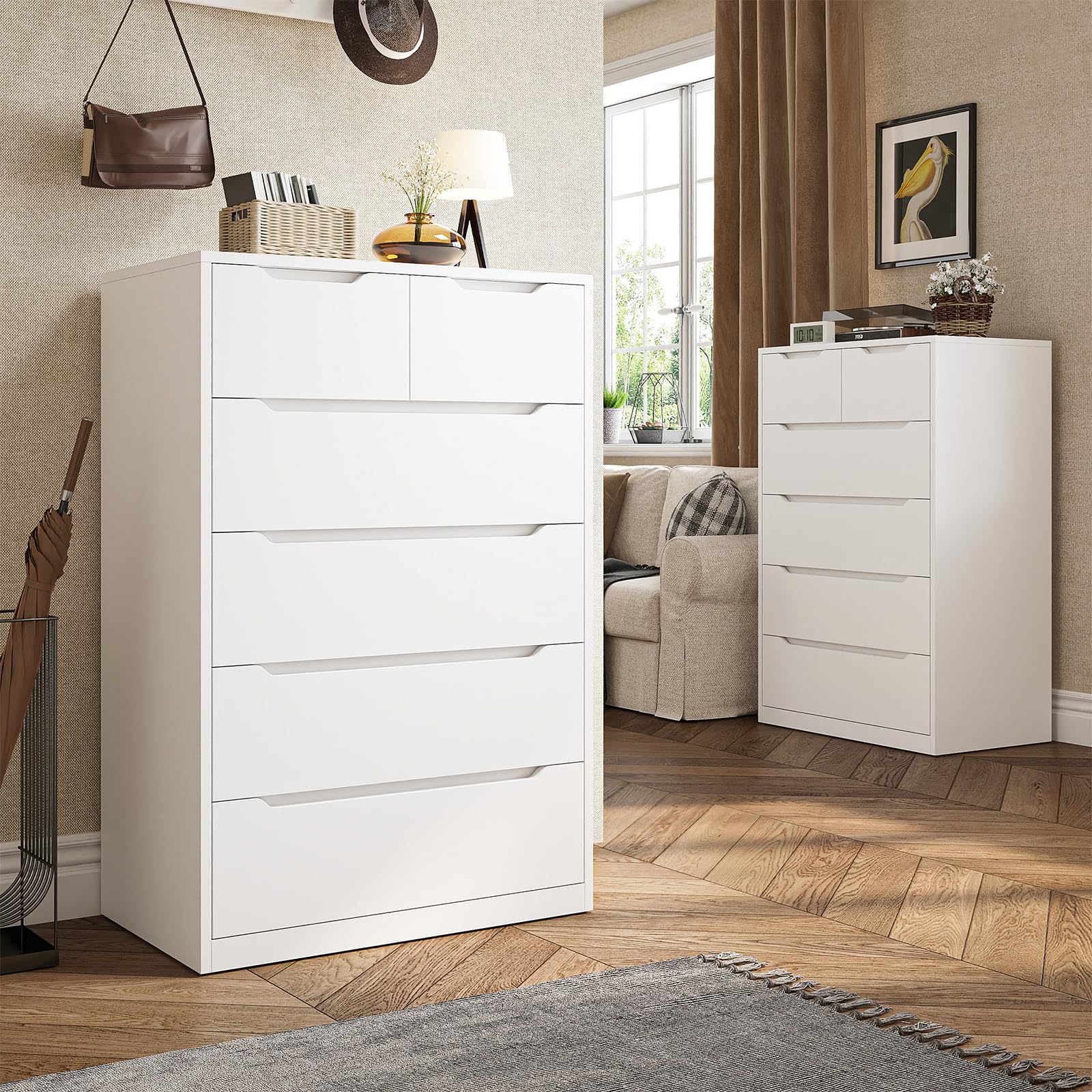 EnHomee Dresser, Dresser for Bedroom, White Dresser with 6 Wood Large Drawers, Dressers & Chests of Drawers with Large Organizer, Tall dresser with Smooth Metal Rail, White