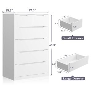 EnHomee Dresser, Dresser for Bedroom, White Dresser with 6 Wood Large Drawers, Dressers & Chests of Drawers with Large Organizer, Tall dresser with Smooth Metal Rail, White