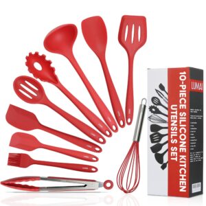 lumai red silicone kitchen utensils set 10 pcs: non toxic cooking utensils for nonstick cookware, red cooking utensils set, juego de utensilios de cocina de silicona, cucharas de silicona para cocina