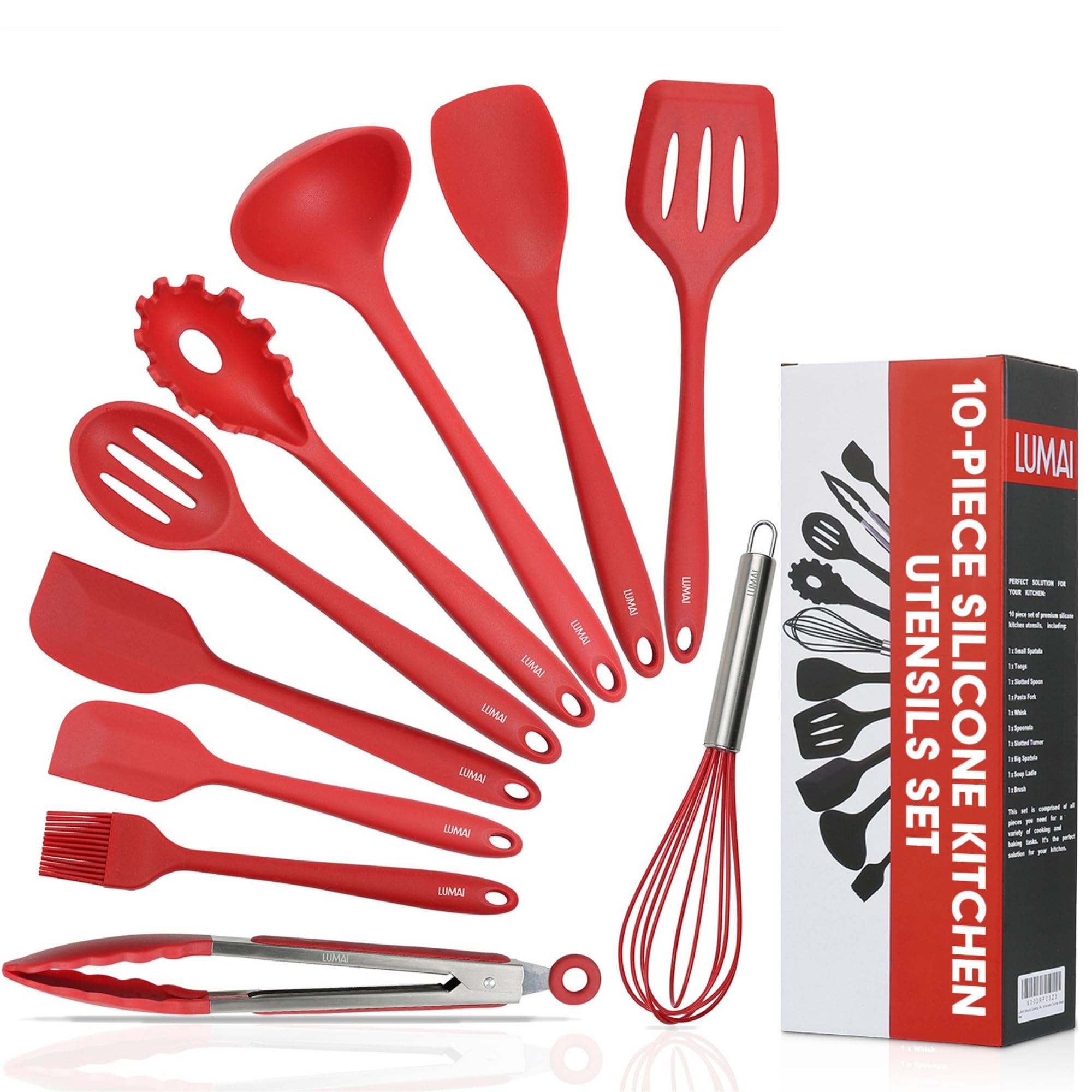 LUMAI Red Silicone Kitchen Utensils Set 10 pcs: Non Toxic Cooking Utensils for Nonstick Cookware, Red Cooking Utensils Set, Juego de Utensilios de Cocina de Silicona, Cucharas de Silicona para Cocina