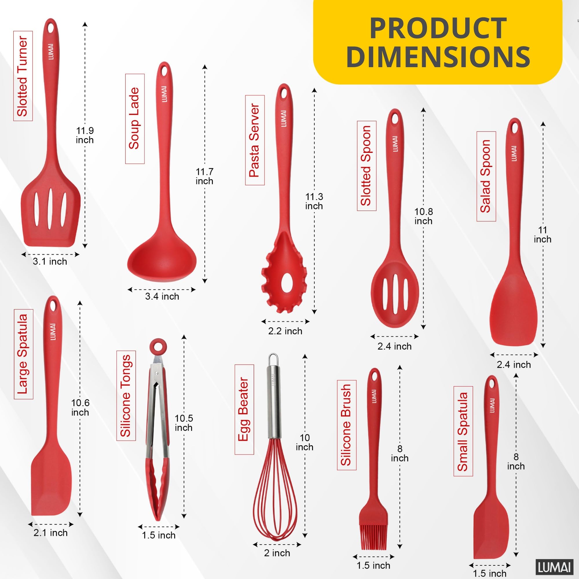 LUMAI Red Silicone Kitchen Utensils Set 10 pcs: Non Toxic Cooking Utensils for Nonstick Cookware, Red Cooking Utensils Set, Juego de Utensilios de Cocina de Silicona, Cucharas de Silicona para Cocina