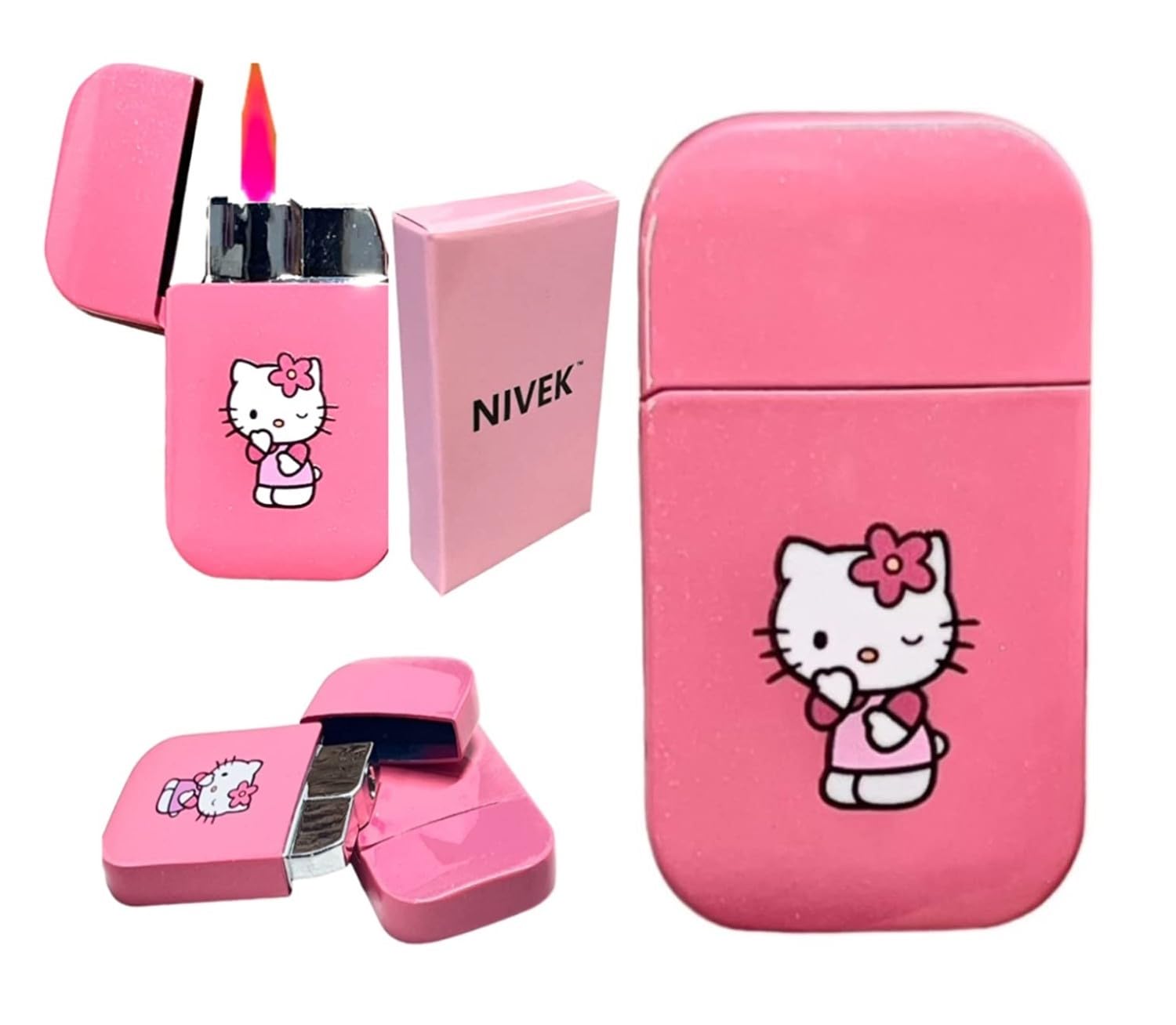 NIVEK Kitty Lighter Pink Flame KT Cat Dress Pink Top Torch Pocket Size Glitter Y2K Refillable Kawaii Windproof Flame Anime with Box