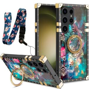 nancheng for samsung galaxy s23 ultra square case (2023) girls woman cute flower colorful petal star sky phone case with ring stand strap lanyard shockproof protective cover