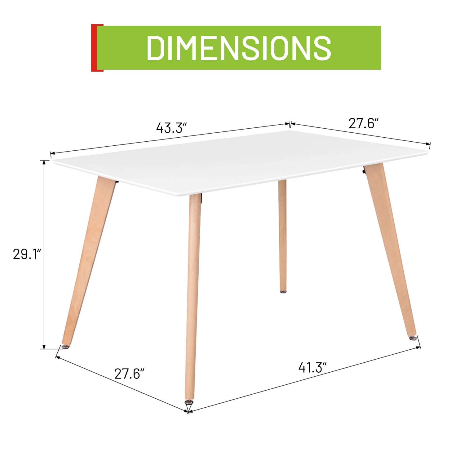 FurnitureR Minimalist Rectangle Dining Table with Round Beech Wood Legs for Home Kitchen Living Room Corner Small Spaces Leisure, 43.3 inches, White