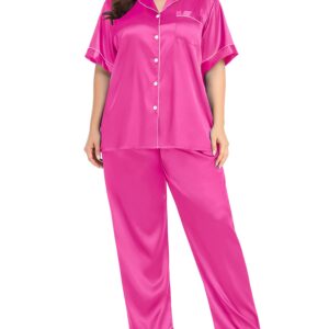 SWOMOG Satin Pjs for Women Plus Size Pj Set Summer Pajamas Smooth and Soft Pajama Set Comfy Nightwear 24W Rose Red