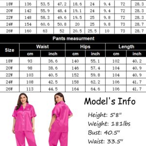 SWOMOG Satin Pjs for Women Plus Size Pj Set Summer Pajamas Smooth and Soft Pajama Set Comfy Nightwear 24W Rose Red