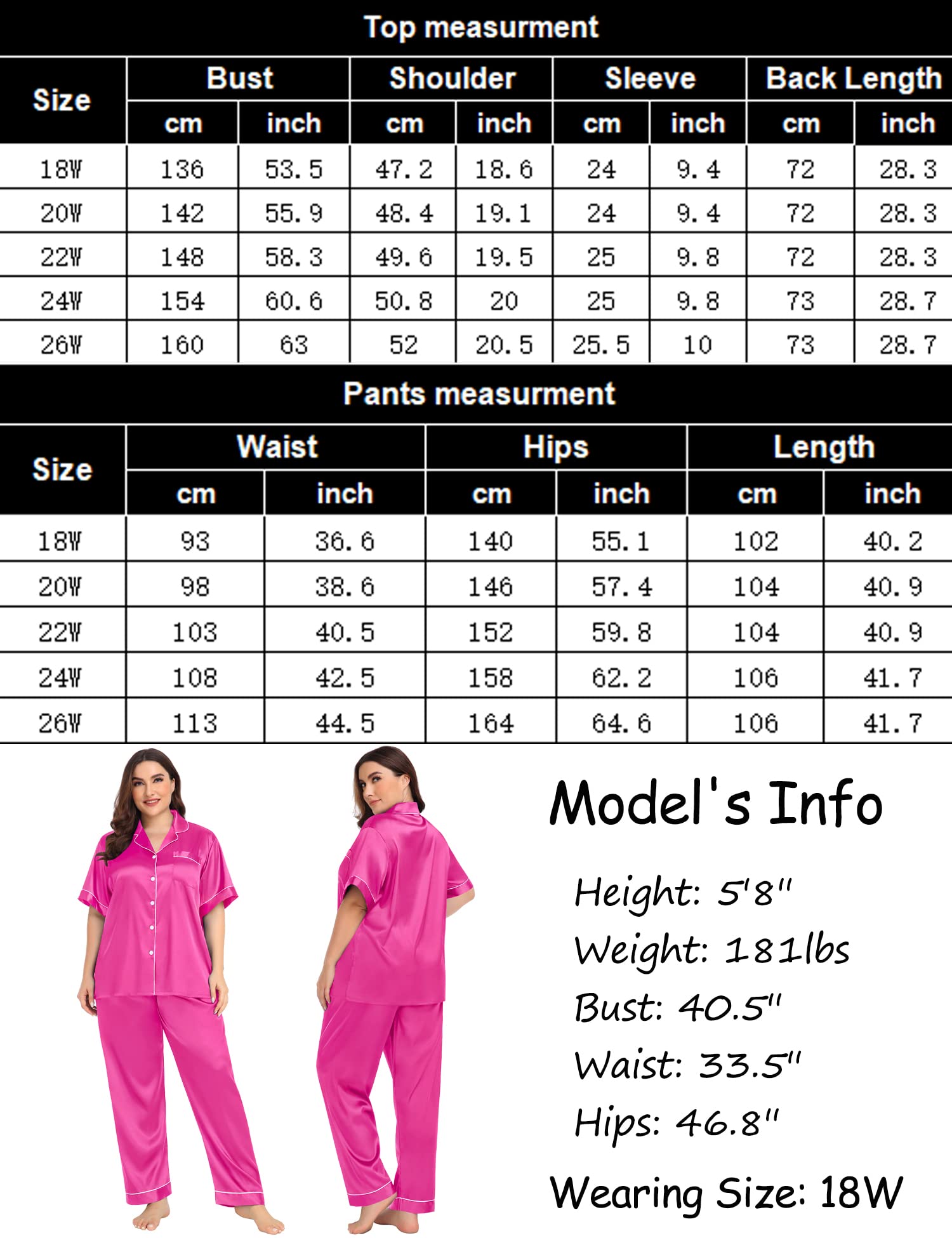 SWOMOG Satin Pjs for Women Plus Size Pj Set Summer Pajamas Smooth and Soft Pajama Set Comfy Nightwear 24W Rose Red