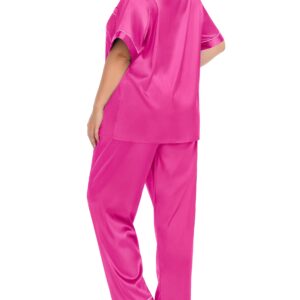 SWOMOG Satin Pjs for Women Plus Size Pj Set Summer Pajamas Smooth and Soft Pajama Set Comfy Nightwear 24W Rose Red