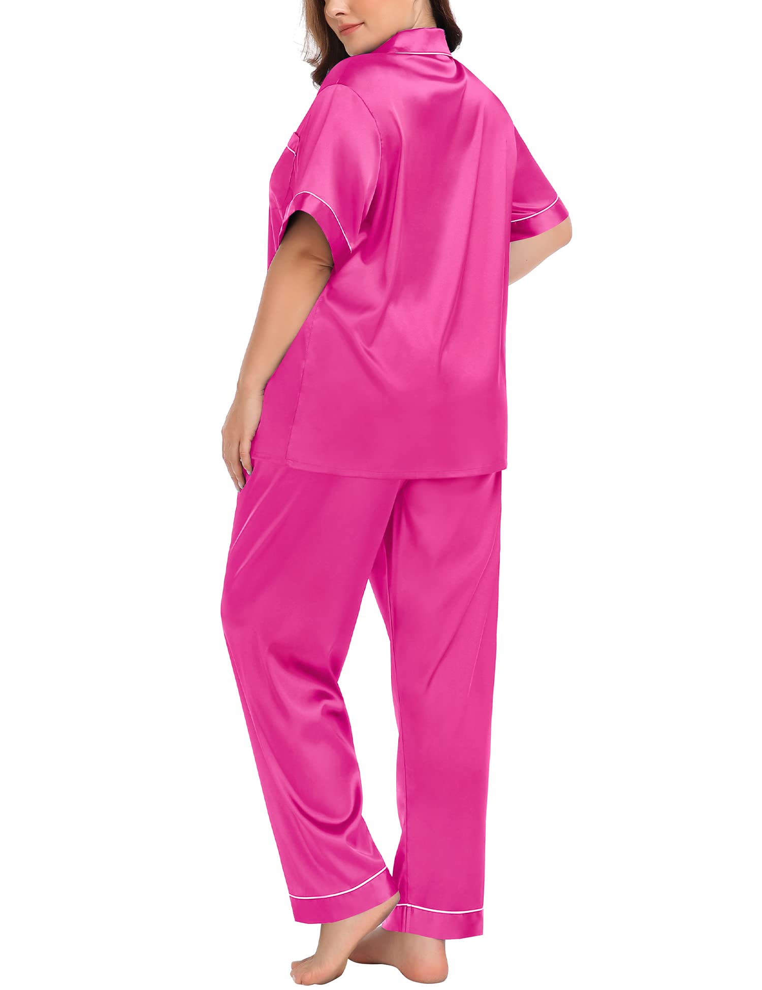 SWOMOG Satin Pjs for Women Plus Size Pj Set Summer Pajamas Smooth and Soft Pajama Set Comfy Nightwear 24W Rose Red